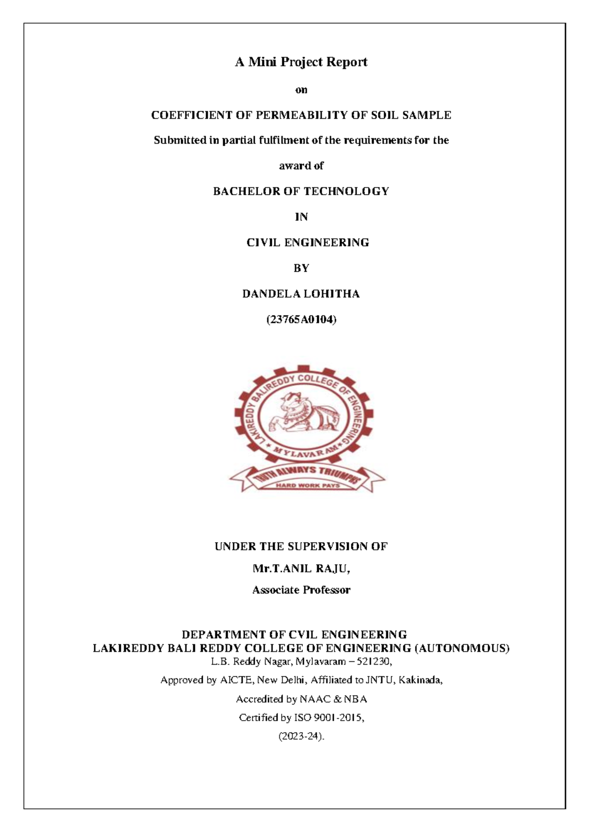 Matlab - A Mini Project Report on COEFFICIENT OF PERMEABILITY OF SOIL ...