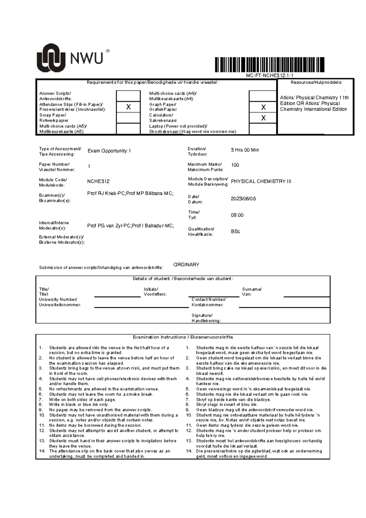 NCHE312 mc Paper 1Jun2023 mo - Requirements for this paper/Benodighede ...