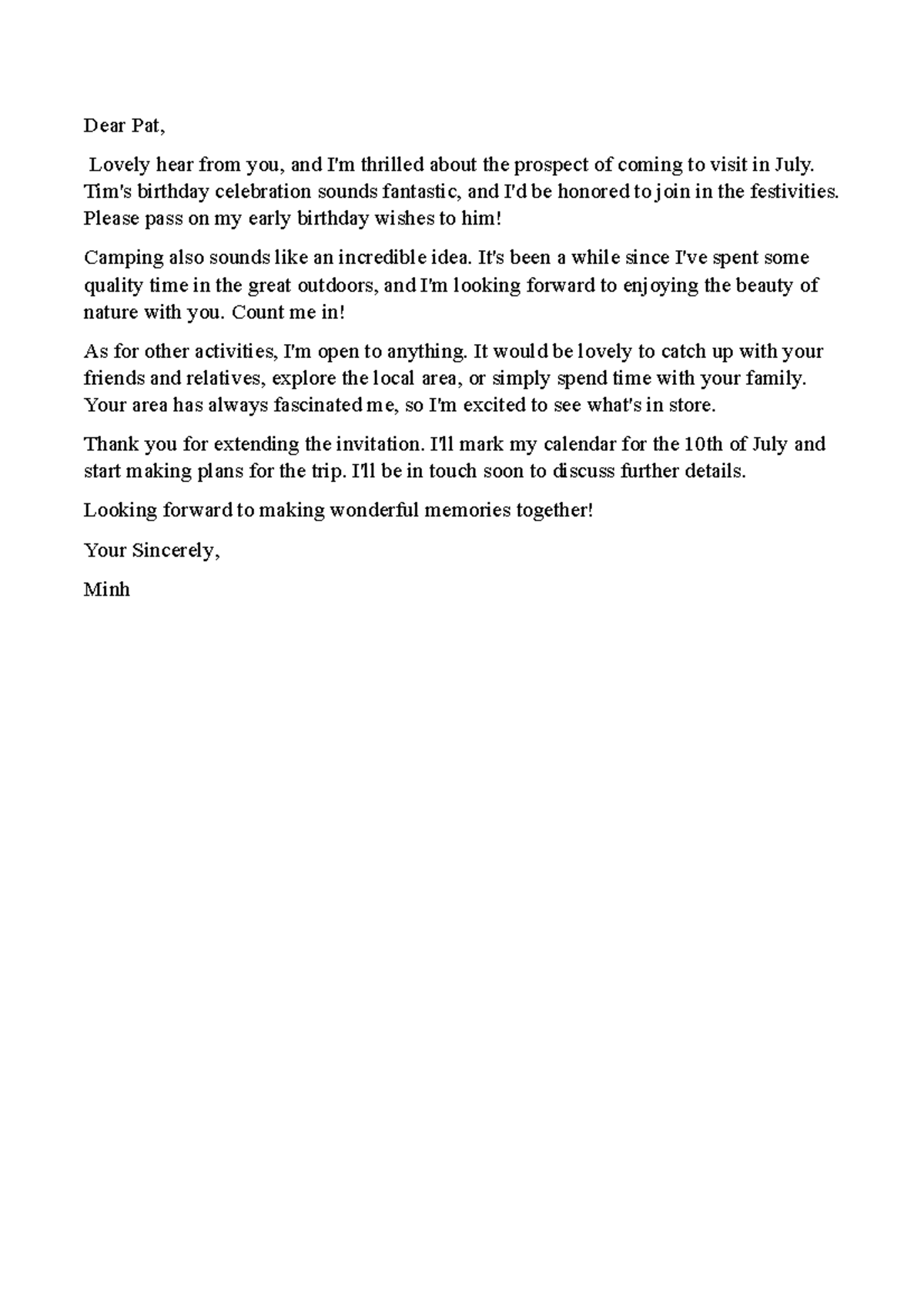 Bài tập letter Anh3 - Copy - Dear Pat, Lovely hear from you, and I'm thrilled about the prospect ...