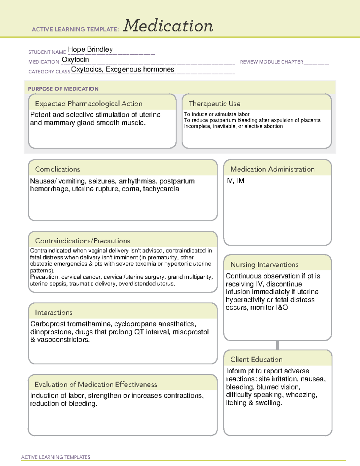 Oxytocin - ACTIVE LEARNING TEMPLATES Medication STUDENT NAME