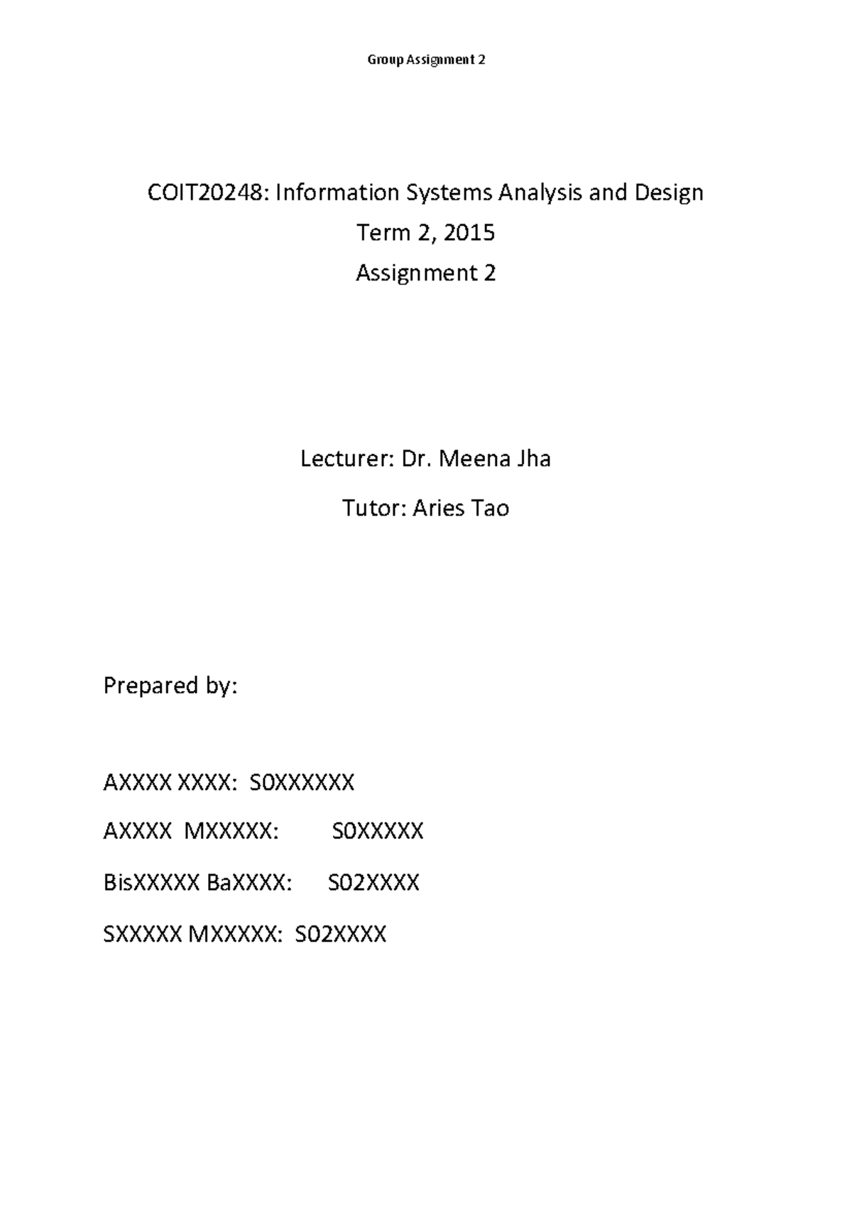 Good Sample Asg 2 - Group Assignment 2 COIT20248: Information Systems ...
