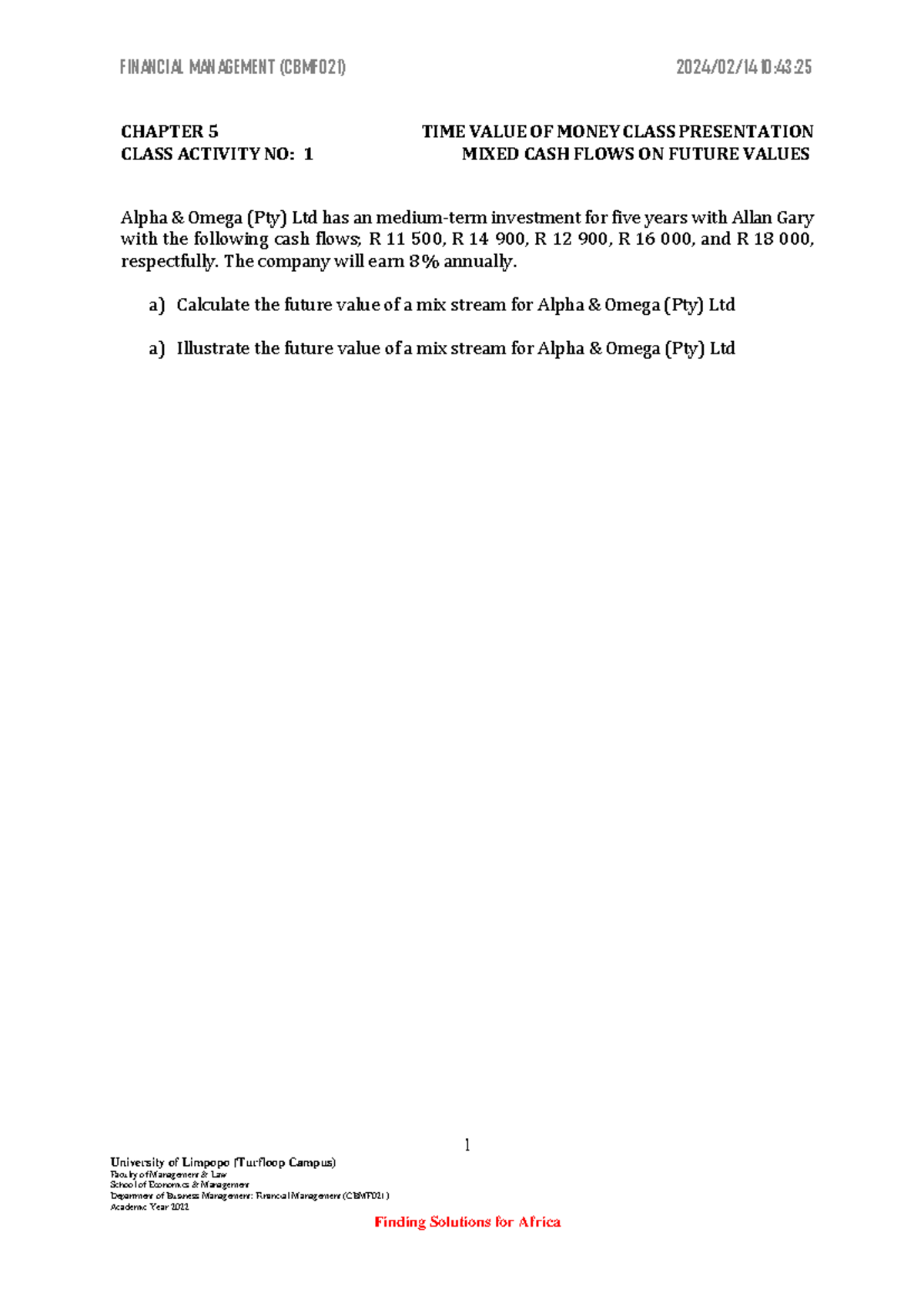 Mixed Stream on FV Questions Activity 1 - FINANCIAL MANAGEMENT (CBMF021 ...