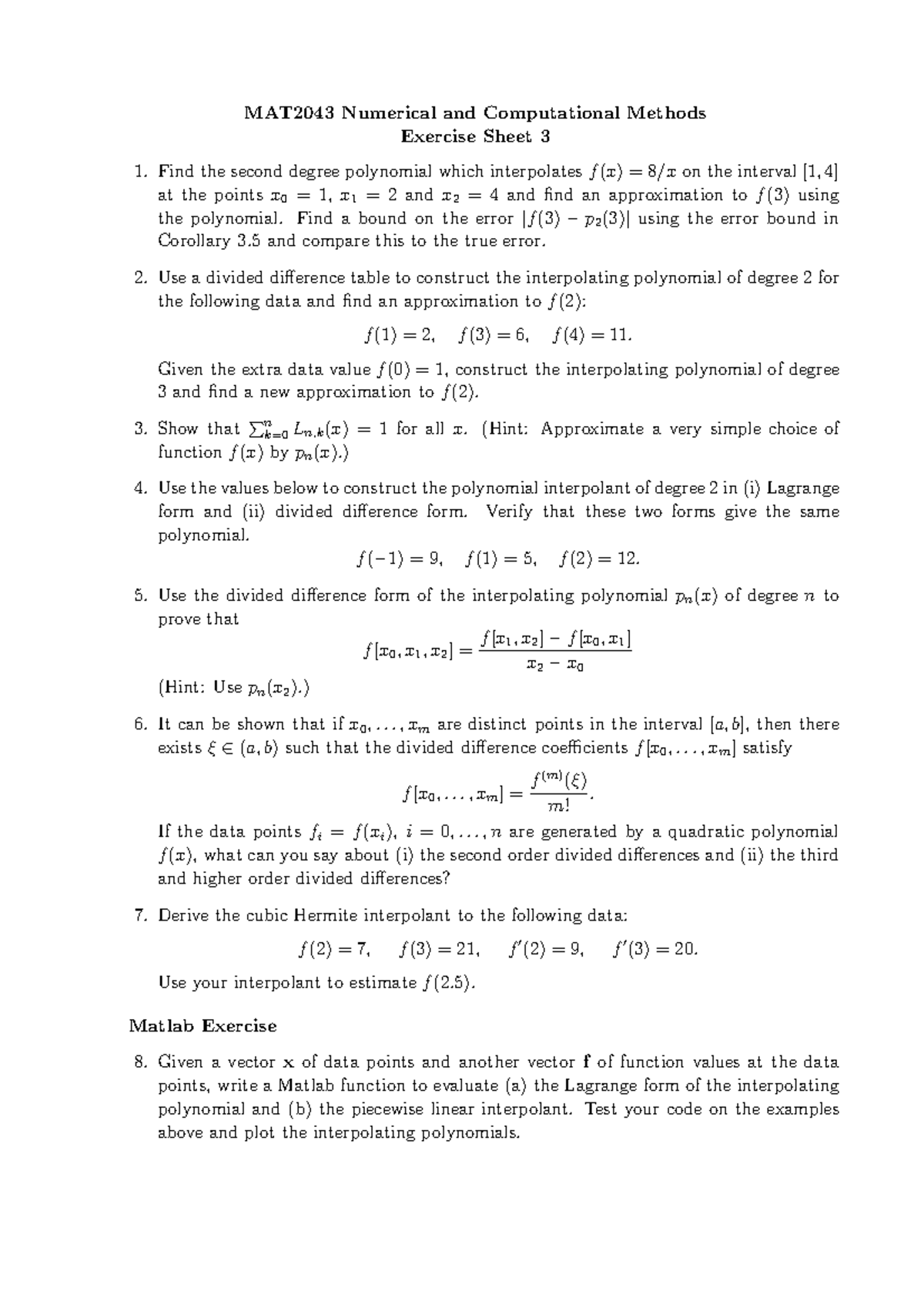 MAT2043 2010 Exercise Sheet 3 MAT2043 Numerical And Computational