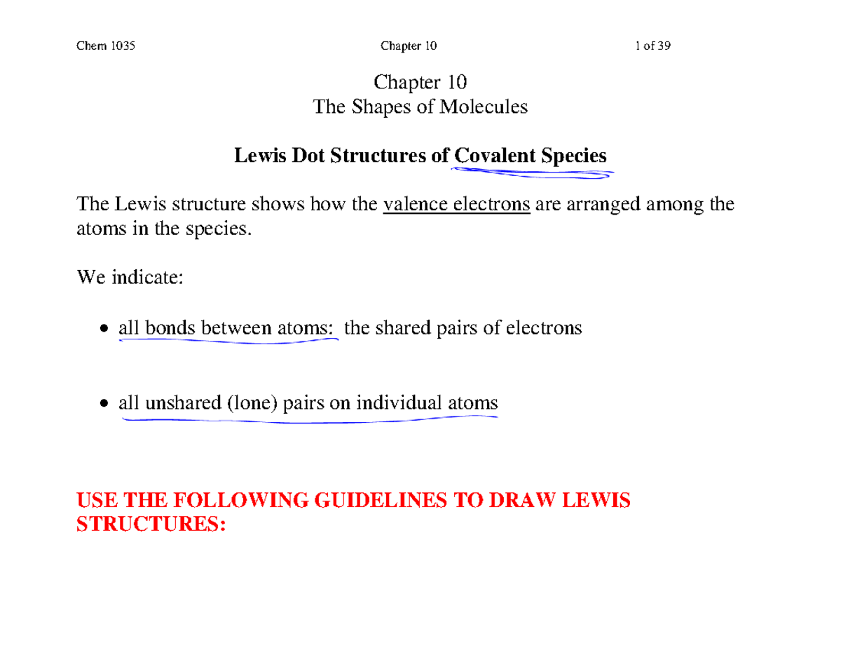 Chem- Chap10Notes - Chapter 10 The Shapes of Molecules Lewis Dot ...