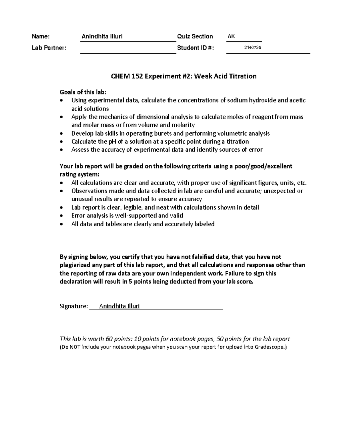 Chem 152 titration lab report - Name: Anindhita Illuri Quiz Section AK ...