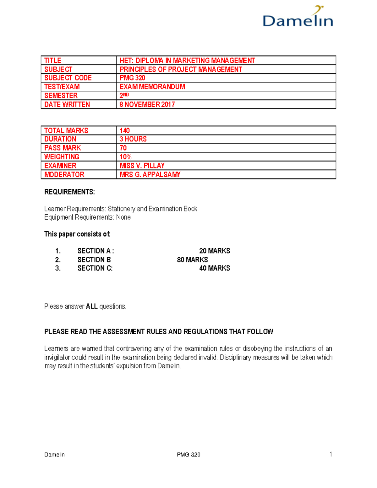 Principles of Project Management Exam Memo DIP 8 Nov 2017 - TITLE HET ...
