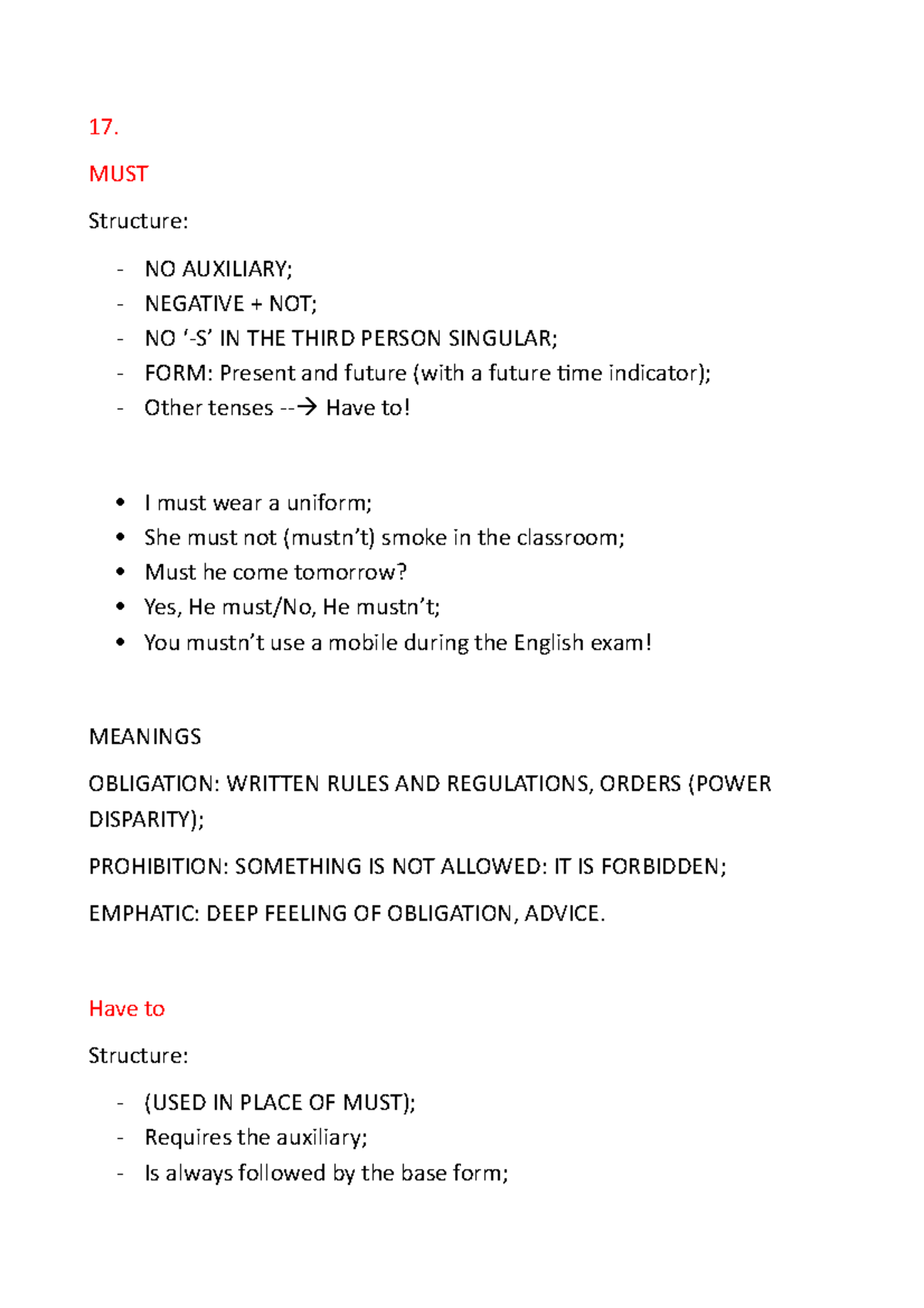 Must, Have to, need to, Should/Ought to - 17. MUST Structure: NO ...