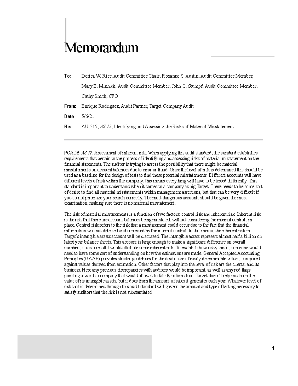 Audit Memo 1 - Assignment that was outlined in the syllabus that was ...