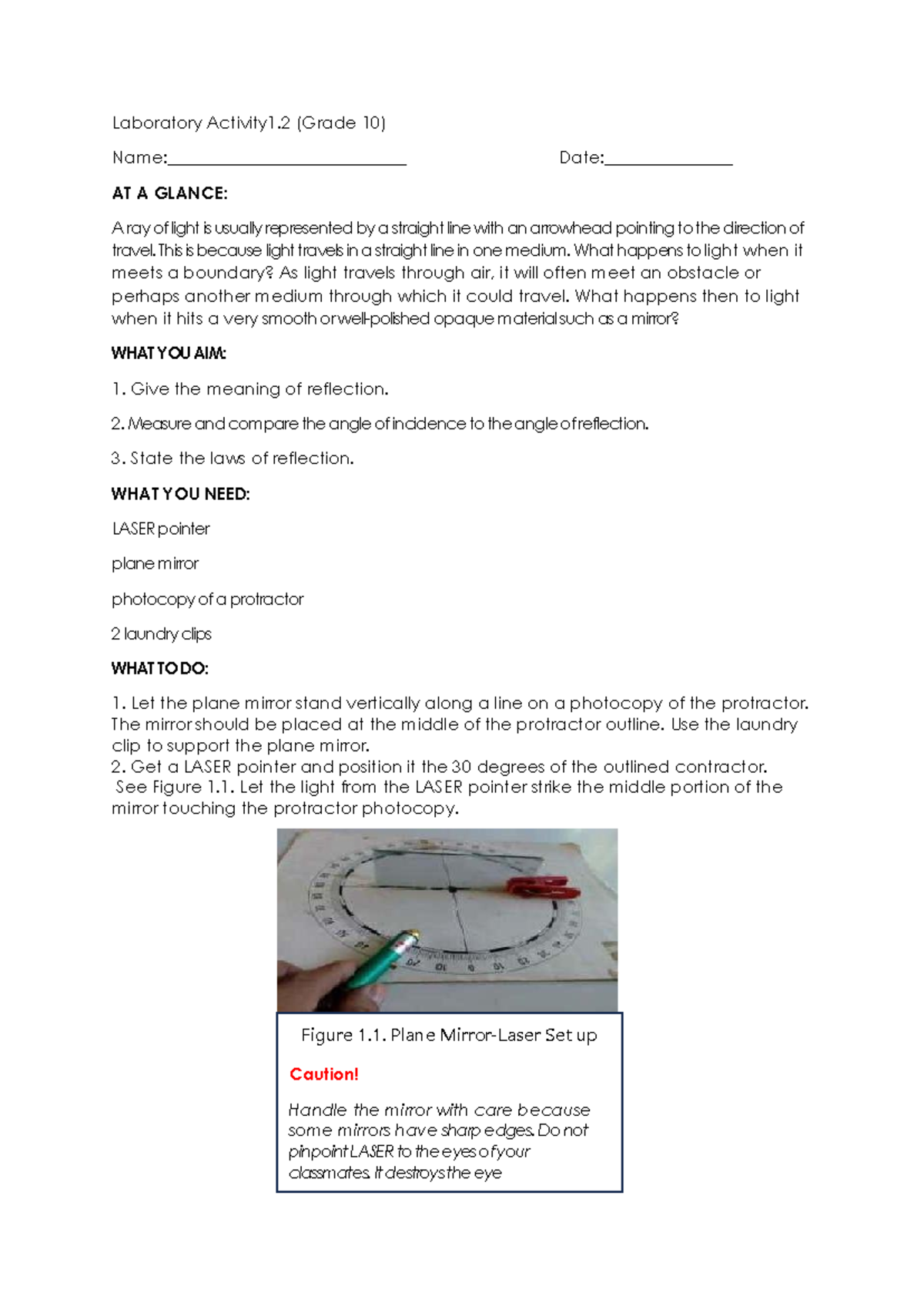 Laboratory Activity Relfection&Refraction - Laboratory Activity1 (Grade ...