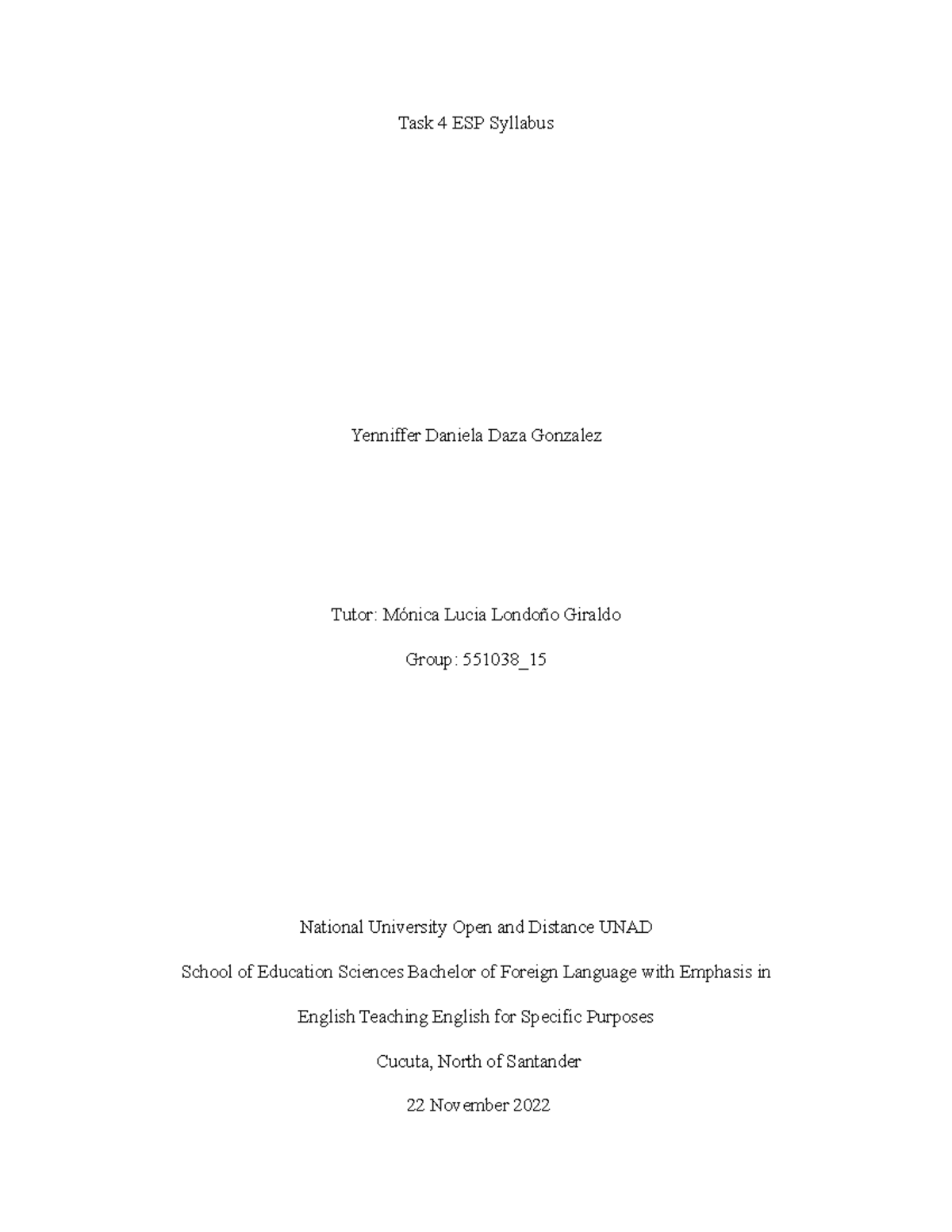 Syllabus- unit 2 task 4 - Task 4 ESP Syllabus Yenniffer Daniela Daza Gonzalez Tutor: Mónica ...