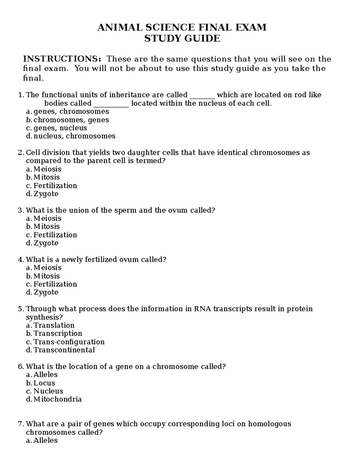 Animal Science Final Exam Study Guide - ANIMAL SCIENCE FINAL EXAM STUDY ...