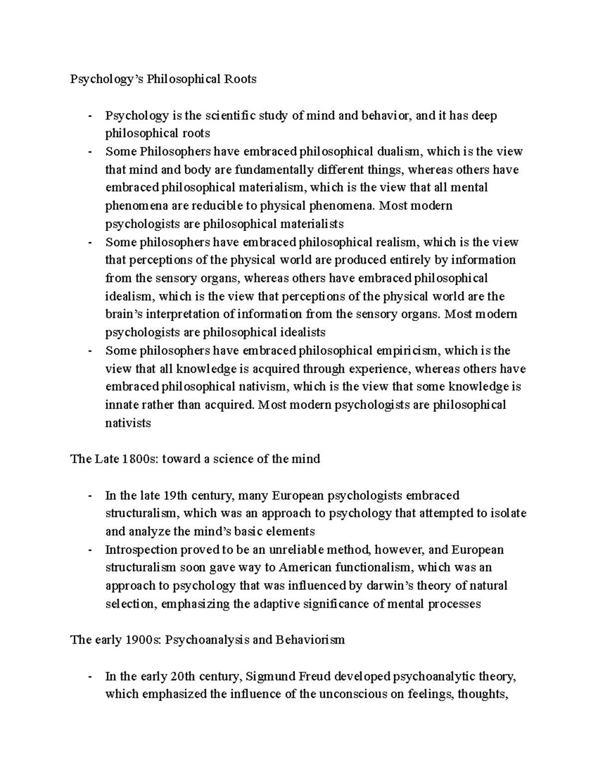Psych Chapter 1 Review-2 - Psychology’s Philosophical Roots Psychology ...