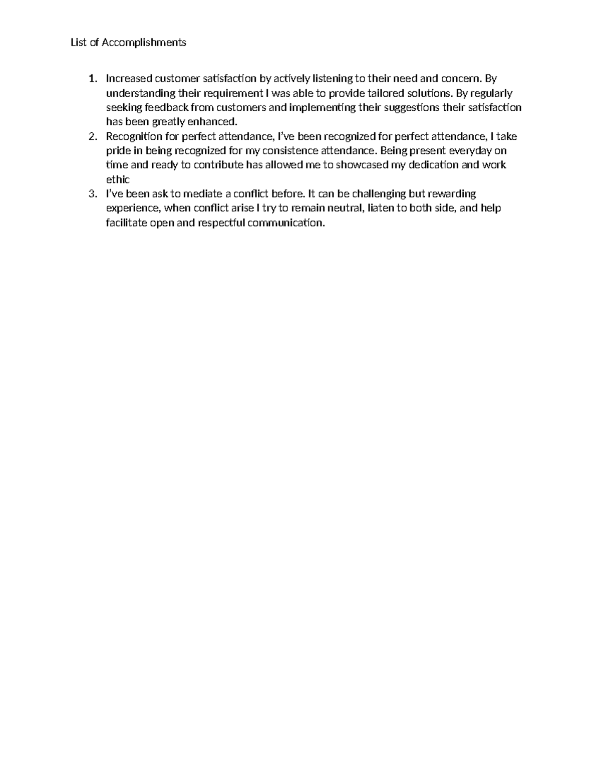 Assignment 2 - List of Accomplishments 1. Increased customer ...