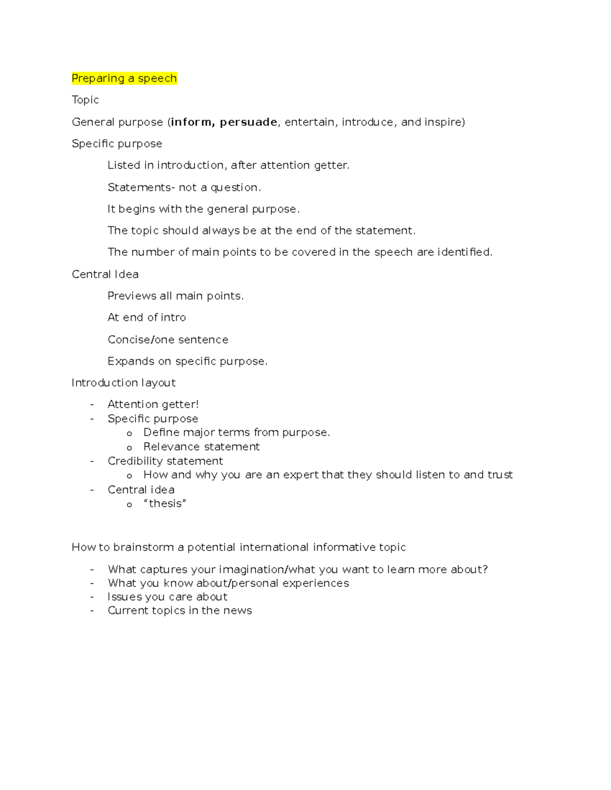 Preparing a speech - Preparing a speech Topic General purpose (inform ...