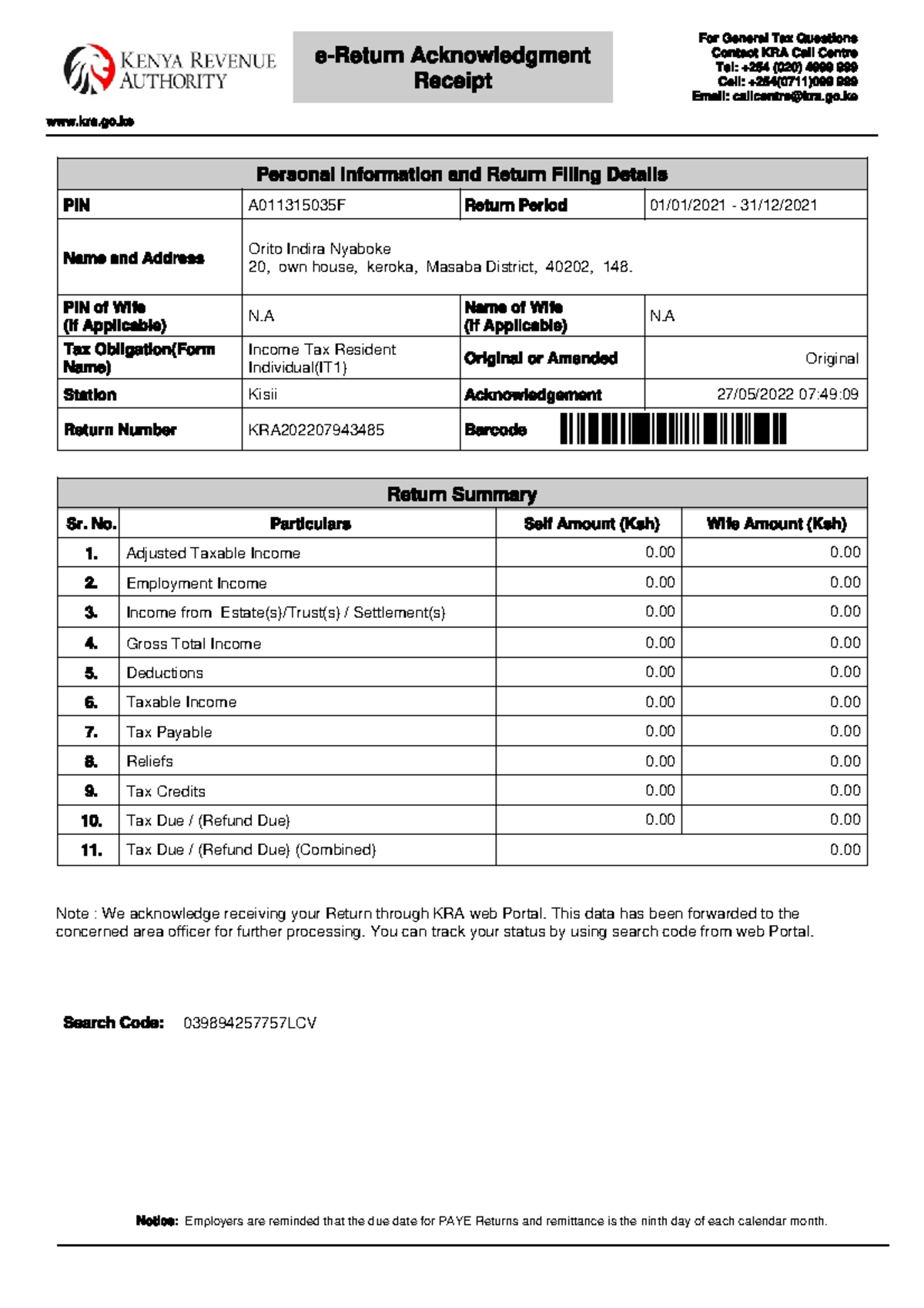 Receipt 6 - None - For General Tax QuestionsContact KRA Call Centre Tel ...