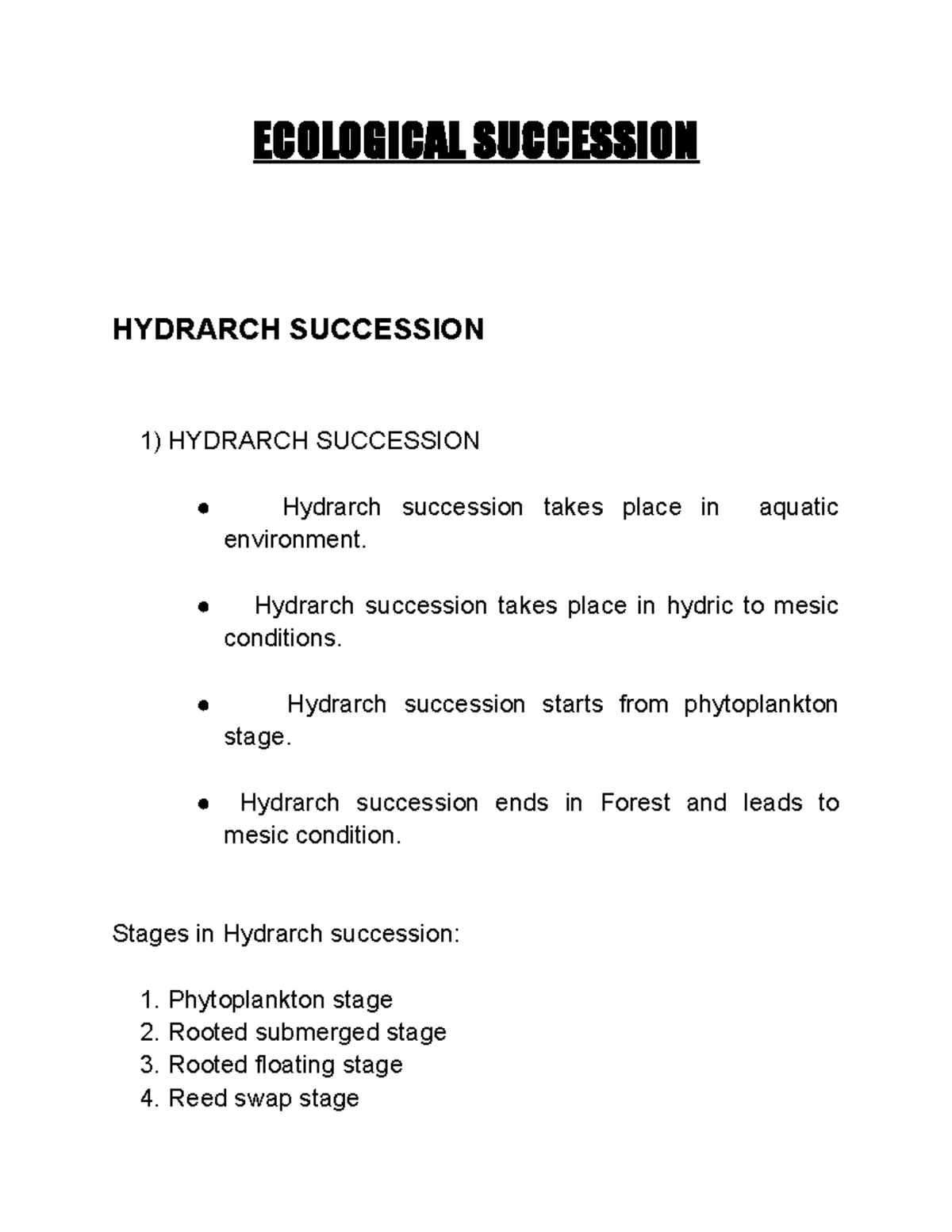 Hydrarch succession - Hydrarch succession takes place in hydric to ...