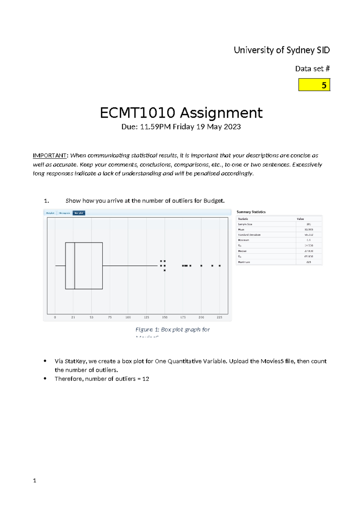 ECMT1010 - Assignment - University of Sydney SID Data set 5 ECMT1010 ...