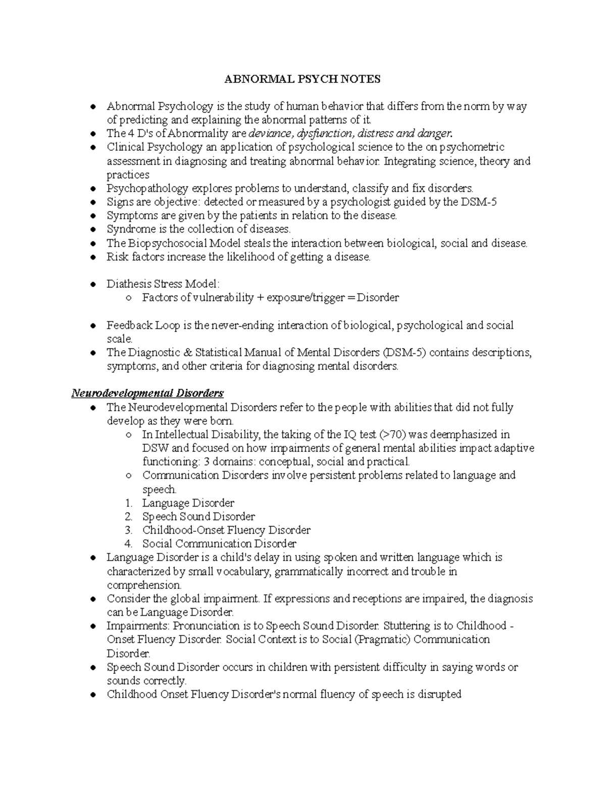 Abnormal Psychology Review Notes - ABNORMAL PSYCH NOTES Abnormal ...