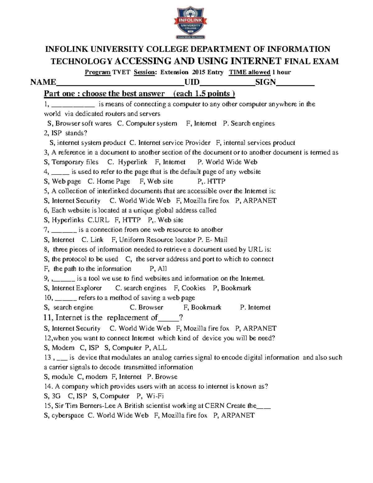 Access final - good - INFOLINK UNIVERSITY COLLEGE DEPARTMENT OF ...