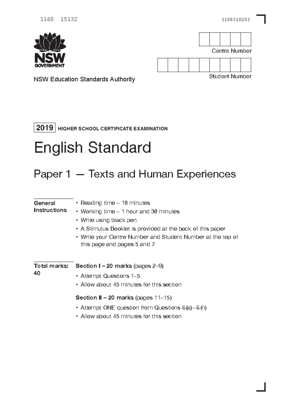 2019 exam 1 - English pass paper - Centre Number Student Number 1160 ...