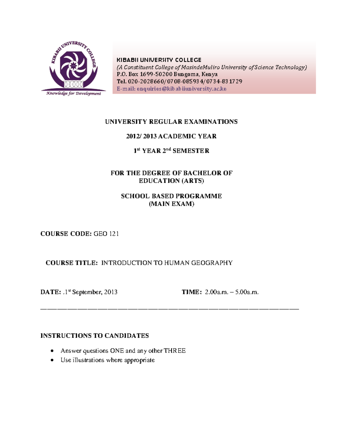 GEO 121 Introduction TO Human Geography - UNIVERSITY REGULAR ...