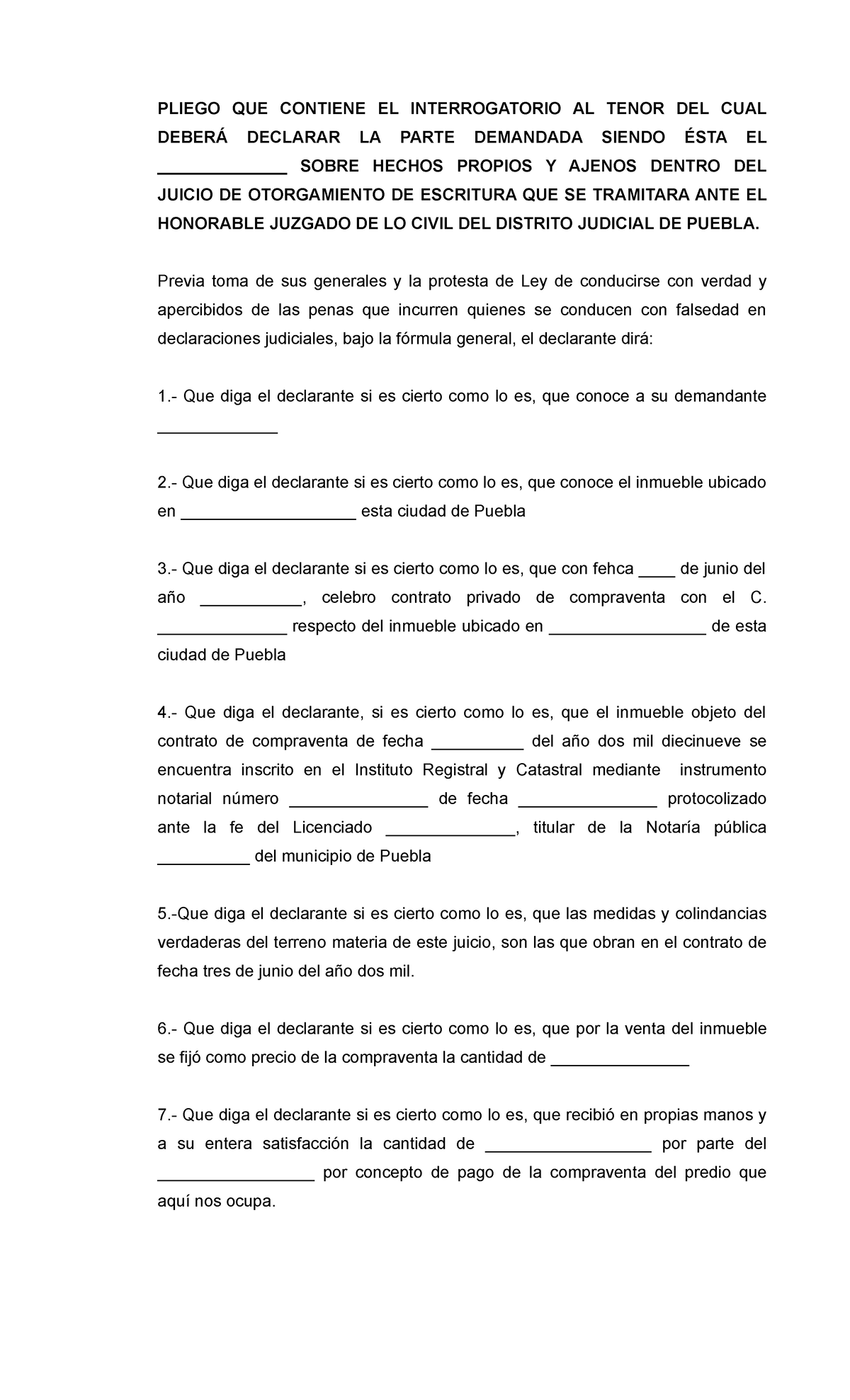 Pliego DE Posiciones - PLIEGO QUE CONTIENE EL INTERROGATORIO AL TENOR ...