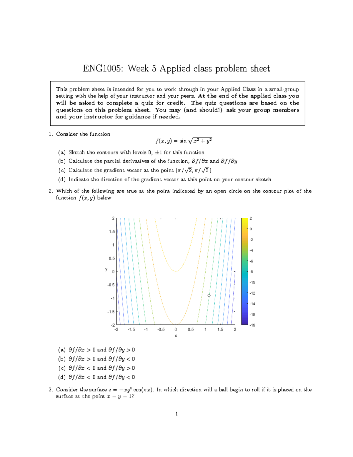 Multivariable calculus I (problem sheet) - ENG1005: Week 5 Applied class problem sheet This ...