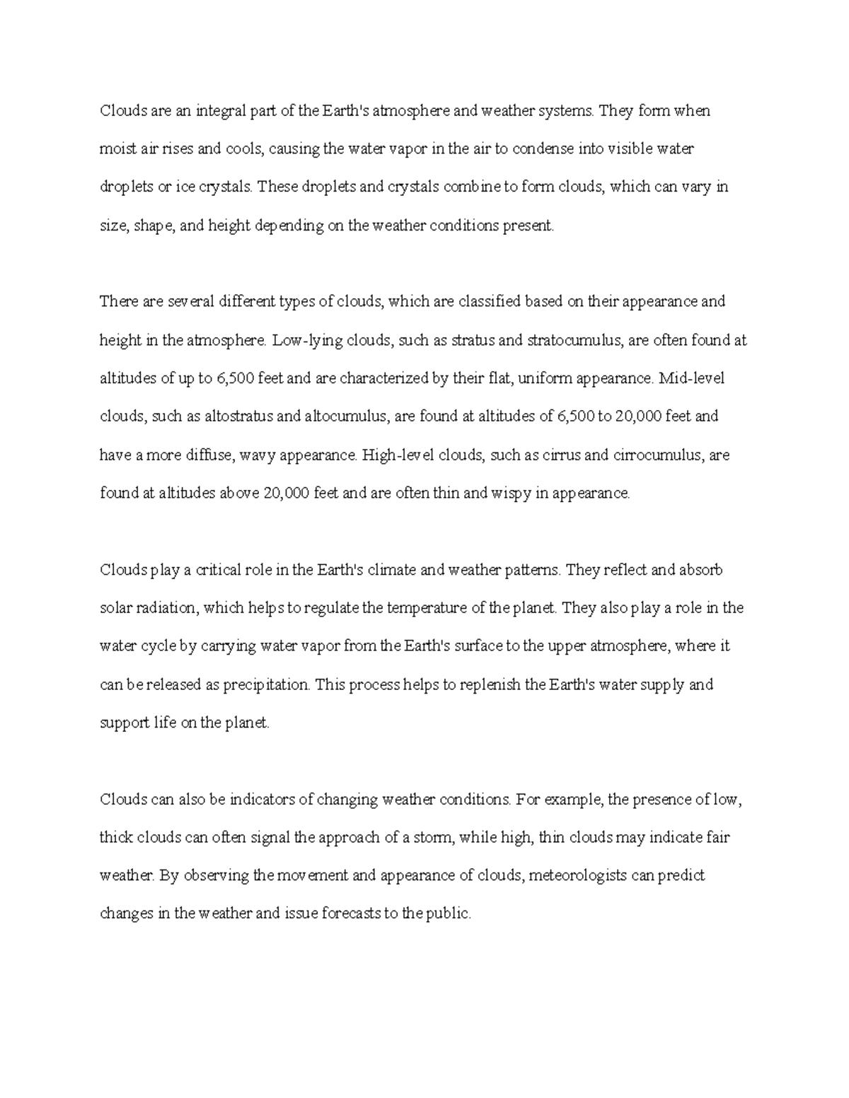 Clouds Essay - semester 1 - Clouds are an integral part of the Earth's ...