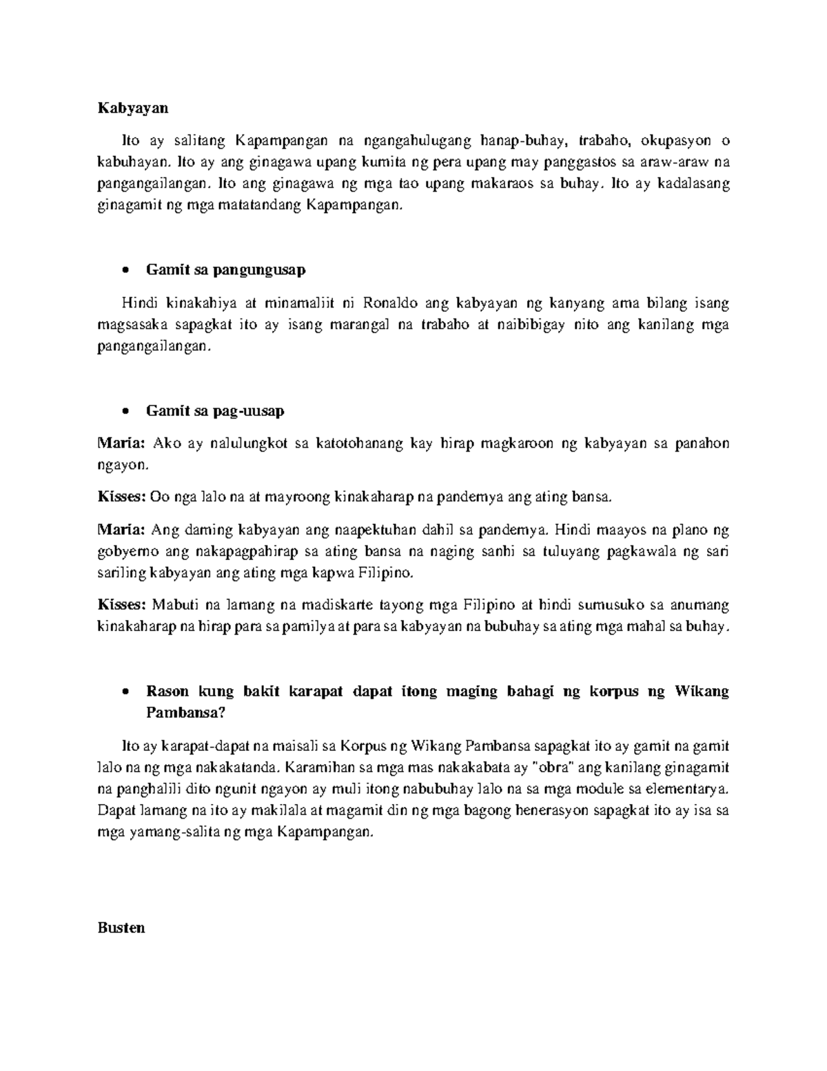 Pangkatang Gawain 2 Kabyayan - Kabyayan Ito ay salitang Kapampangan na ...