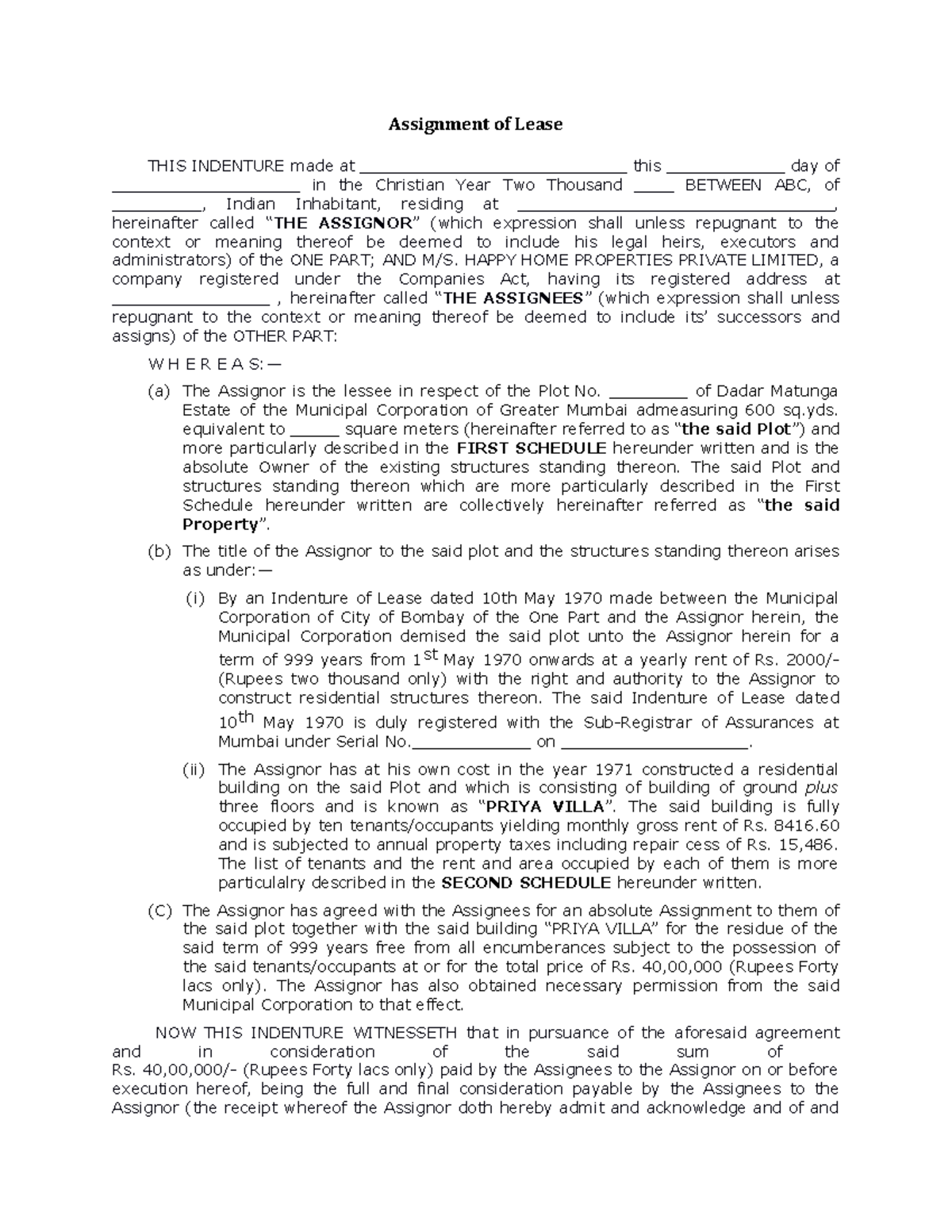 Assignment of Lease - Drafting Sample for Reference - Assignment of ...