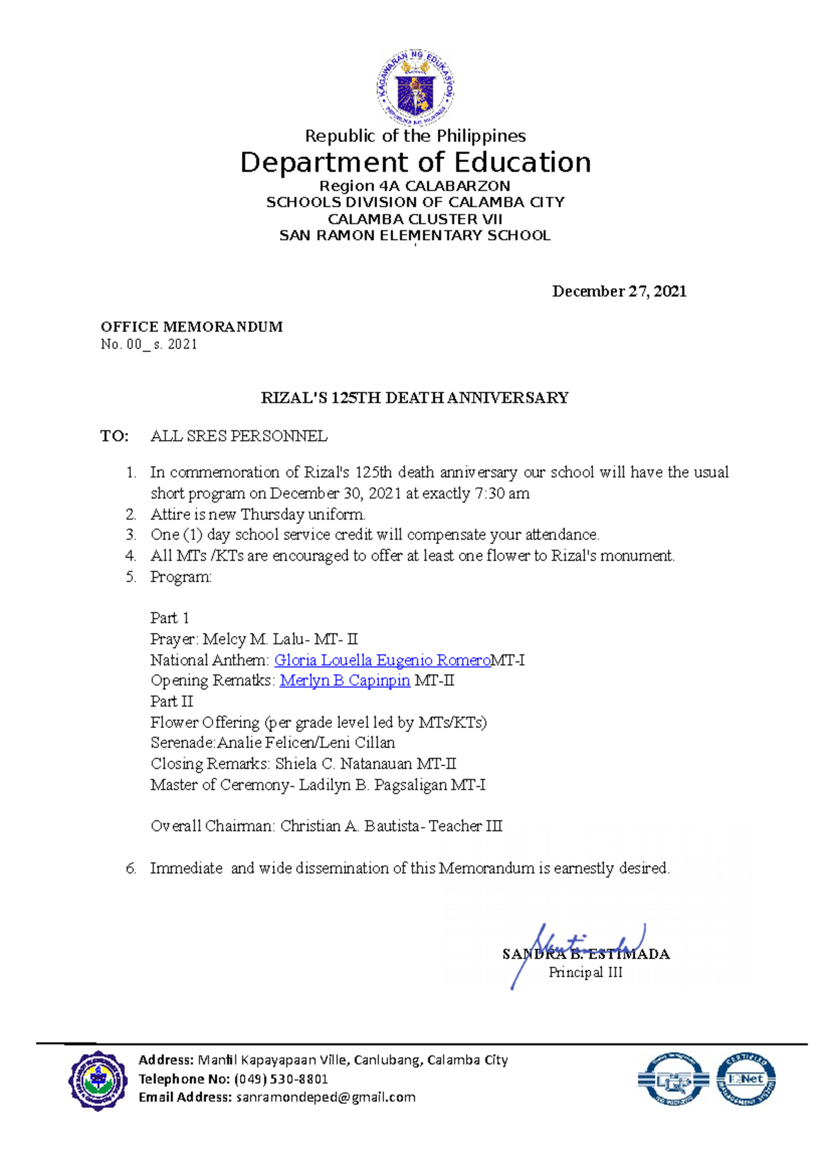 MEMO - n/a - Republic of the Philippines Department of Education Region ...