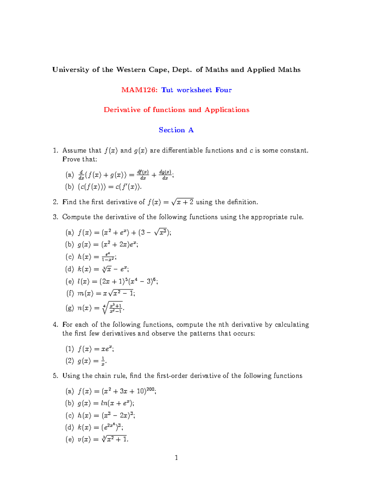 Mam126 Tut worksheet Four A - University of the Western Cape, Dept. of ...