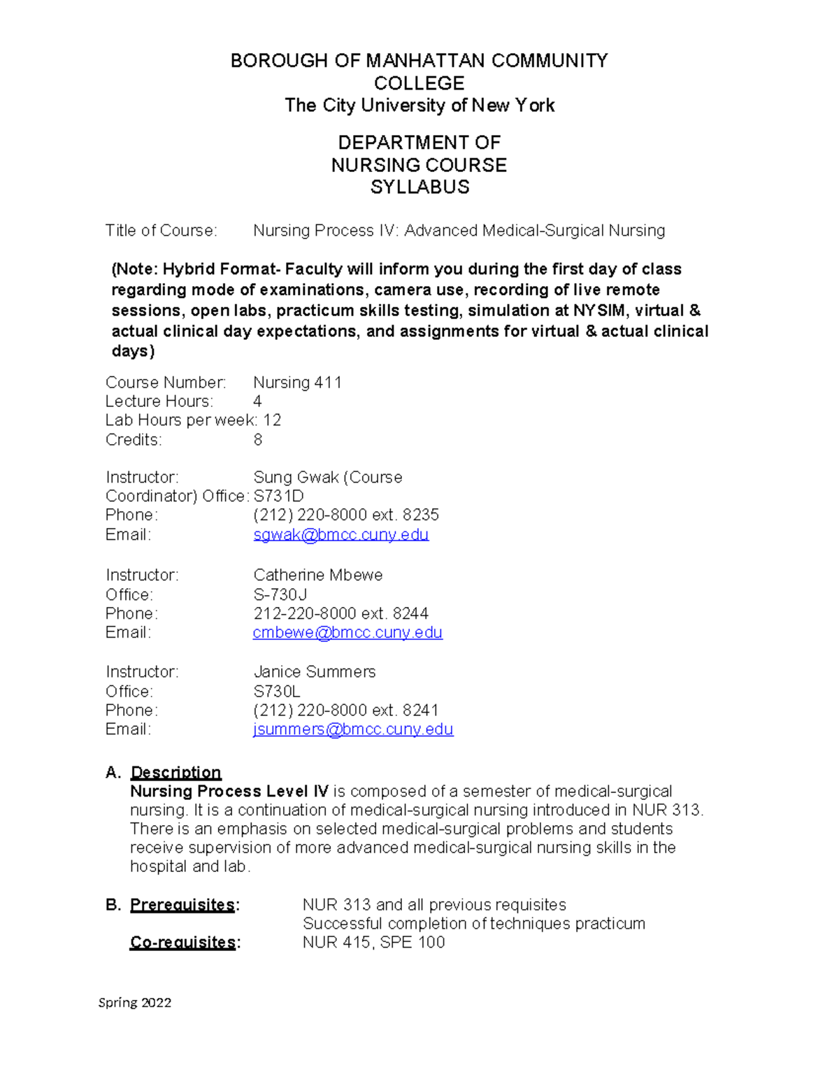 NUR 411 Syllabus- Fall 2022 (2) - BOROUGH OF MANHATTAN COMMUNITY ...