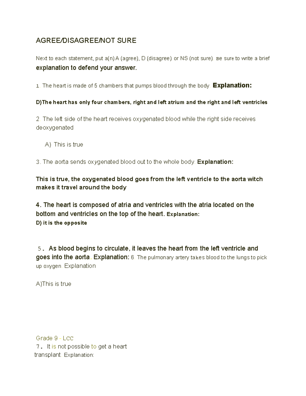 Grade 9 Heart Lab questions-3 - AGREE/DISAGREE/NOT SURE Next to each ...