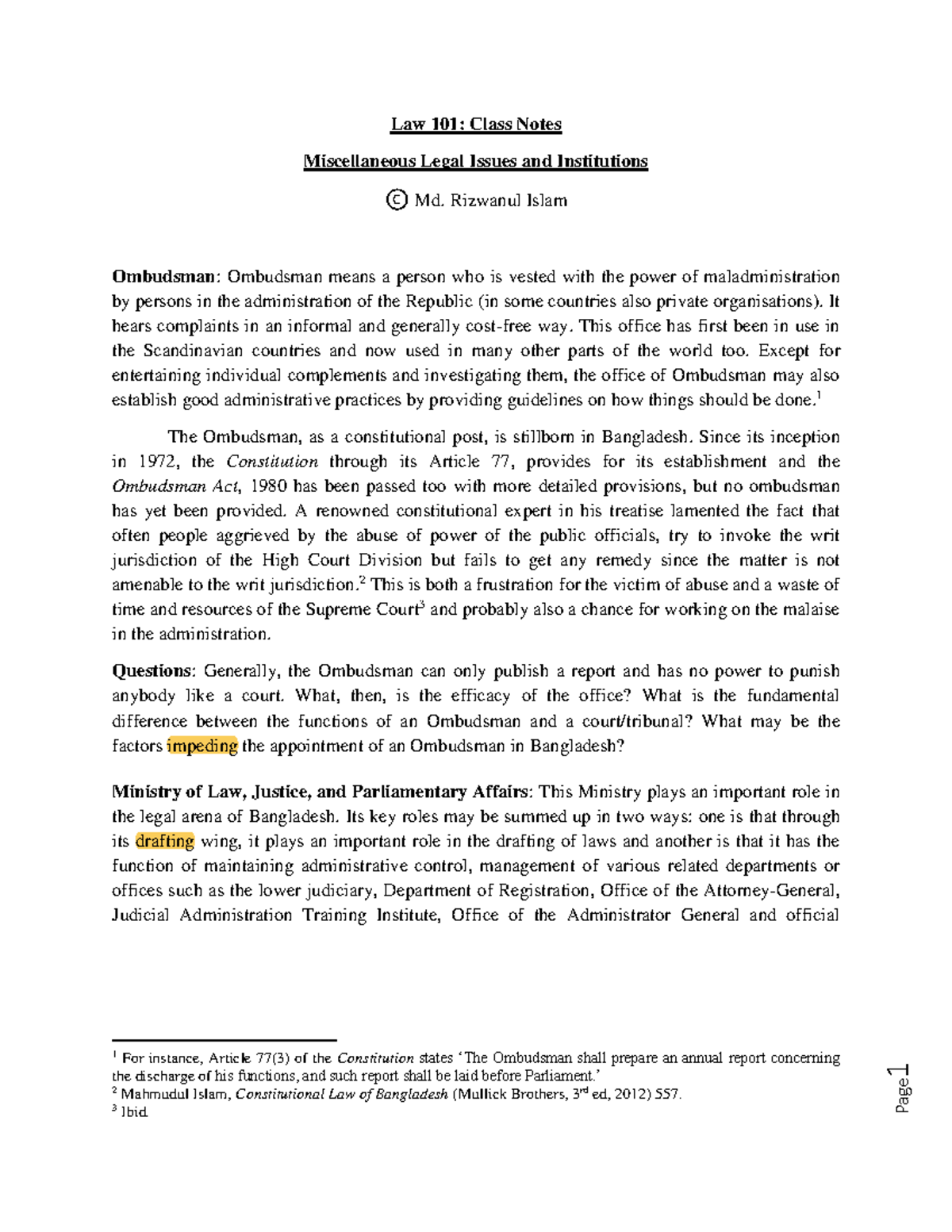 Law 101 Class Notes on Miscellaneous Legal Issues and Institutions ...