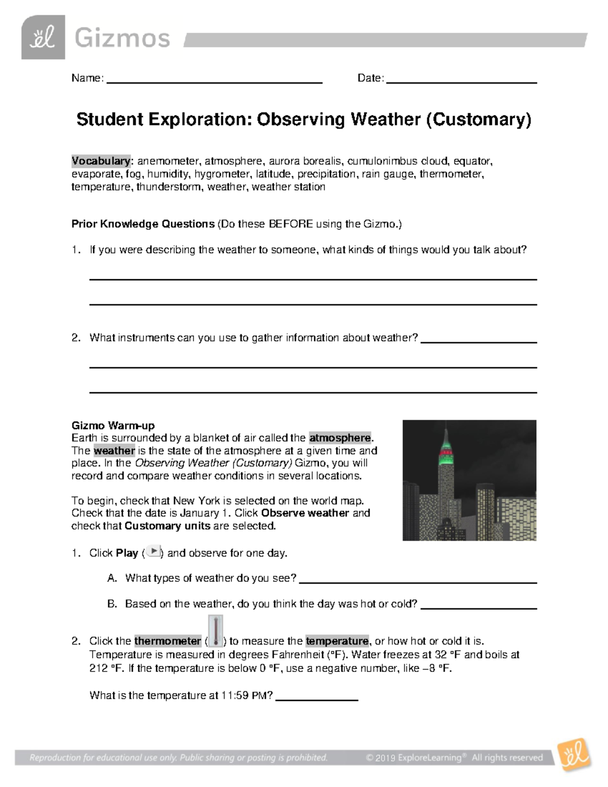 Observing Weather CSE - A Gizmo Assignment - Name: Date: Student ...