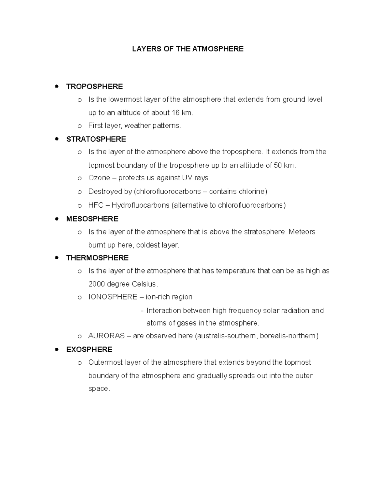 Layers Of The Atmosphere - LAYERS OF THE ATMOSPHERE TROPOSPHERE o Is ...
