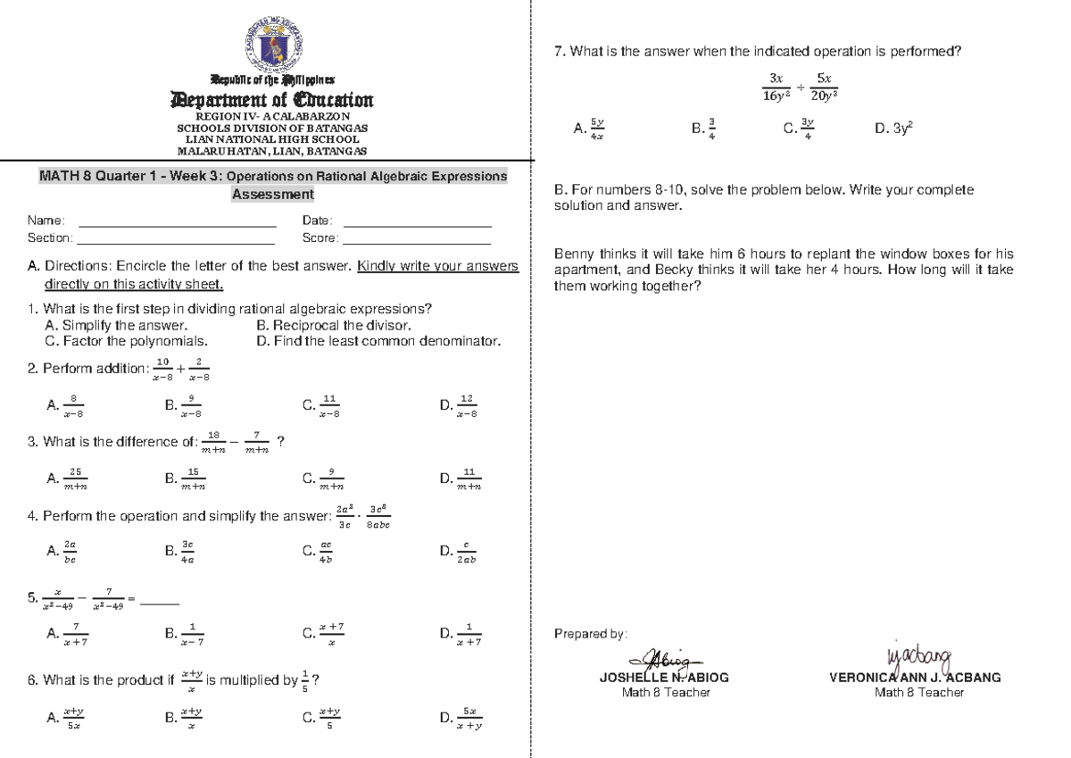 Q1-Week 3 Assessment - Republic of the Philippines Department of ...