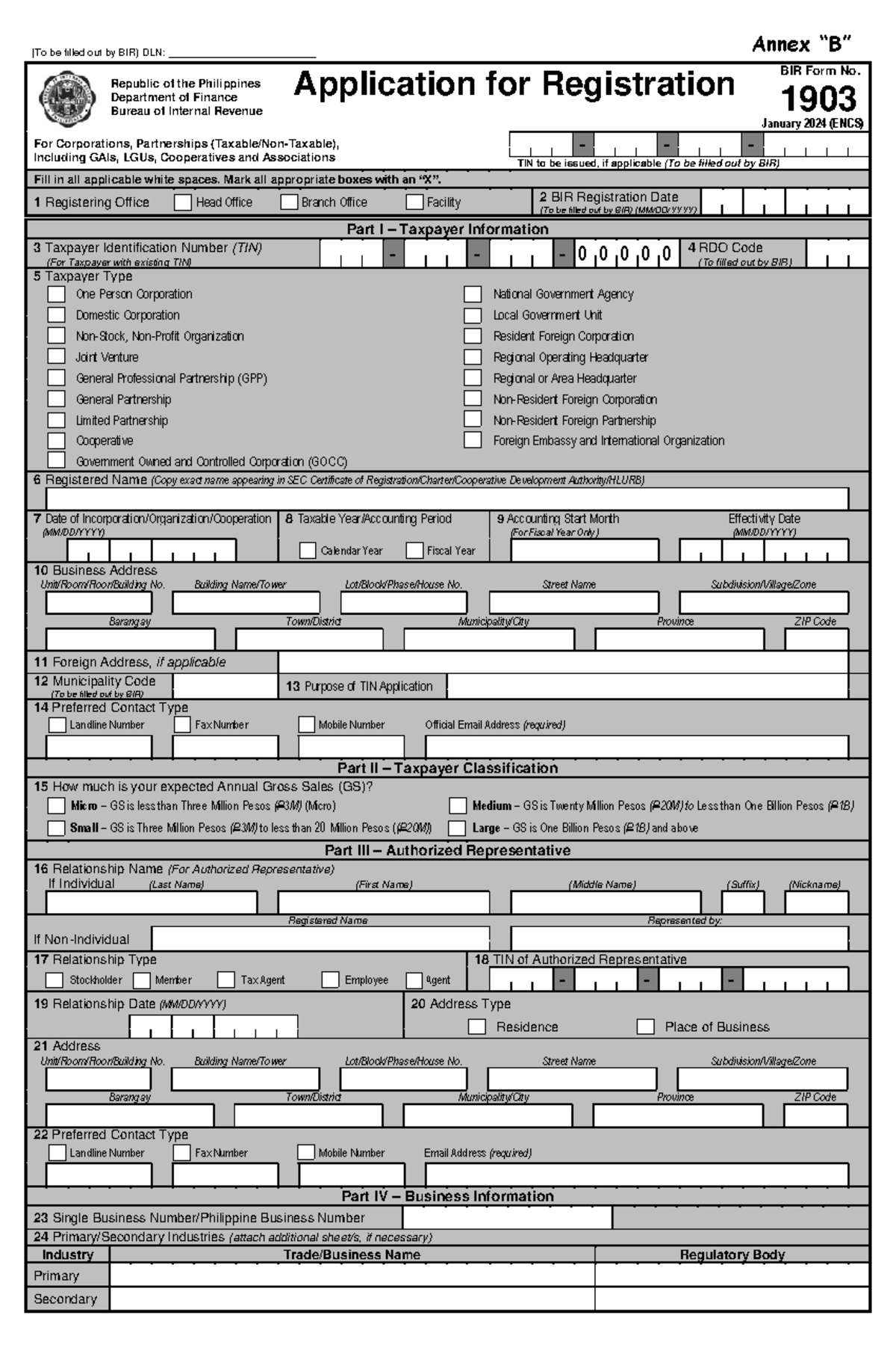 BIR-1903-Form - BIR Form - January 2024 (ENCS) P (To be filled out by BIR) DLN: - Studocu