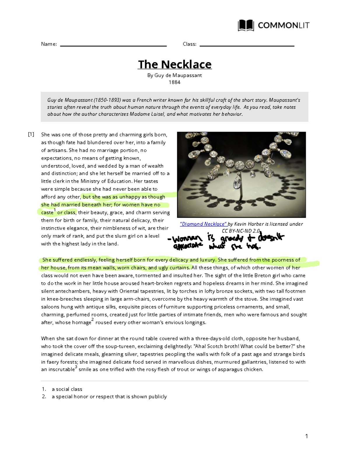 "The Necklace" by Guy de Maupassant - Name: Class: "Diamond Necklace ...