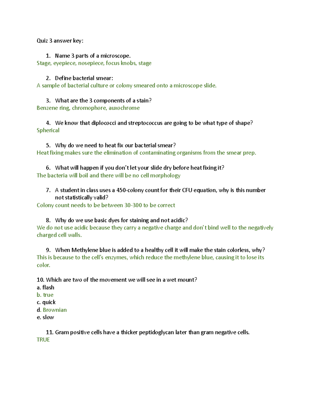 Quiz 3 answer key - Quiz 3 answer key: Name 3 parts of a microscope ...