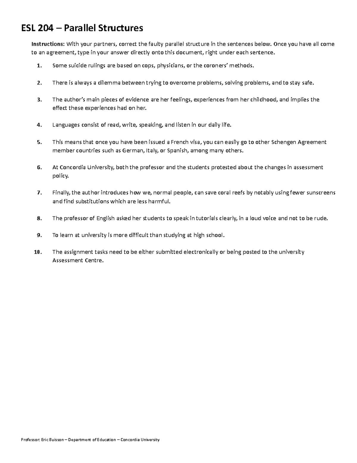 204 Parallel Structure Exercise Class 4 - ESL 204 – Parallel Structures ...
