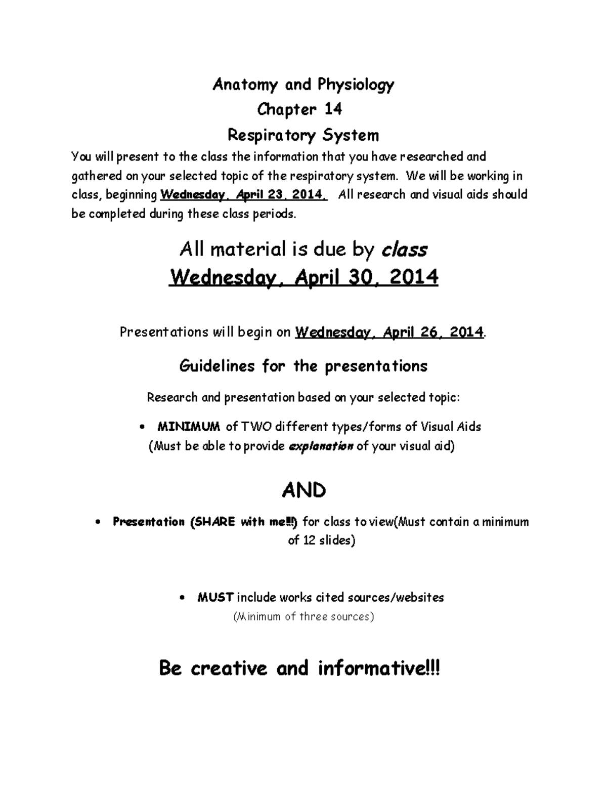 A P Respiratory Project guidelines - Anatomy and Physiology Chapter 14 ...