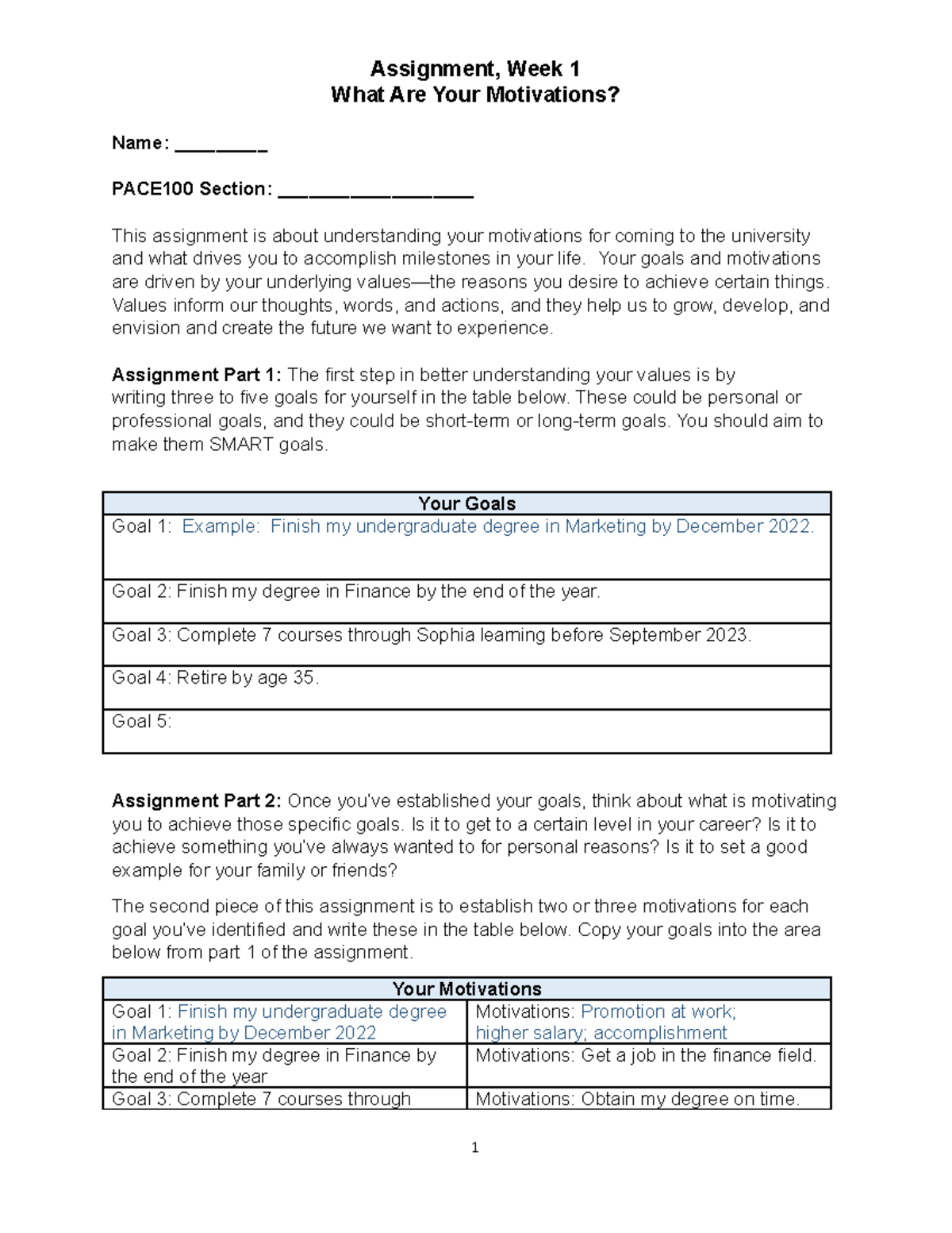 PACE 100 Assignment 1 - Assignment, Week 1 What Are Your Motivations ...