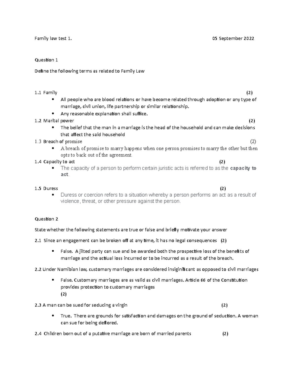 Feedback tutorial for Family Law test 1 - Family law test 1. 05 ...