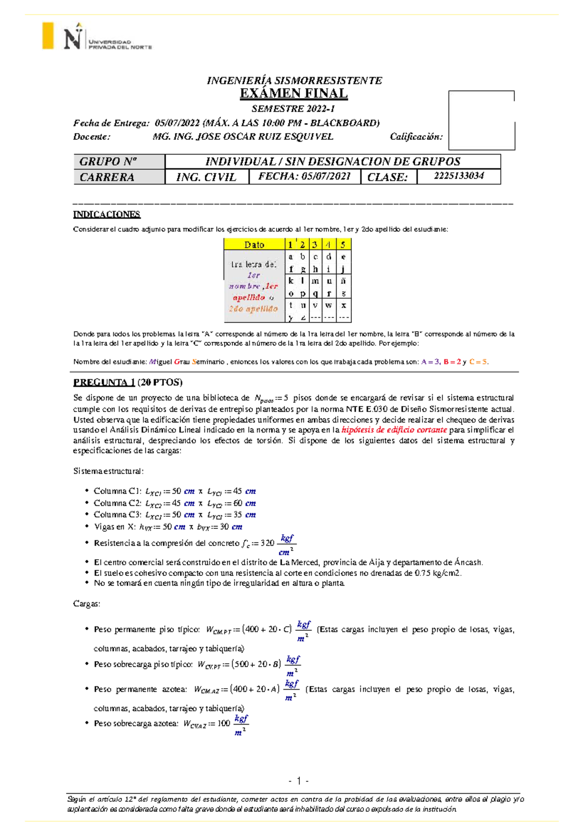 IS-EF 2022-1 WA rev01 - Examen Final Ingeniería Sismorresistente UPN-W.A. Ciclo 2022-1 - - Studocu