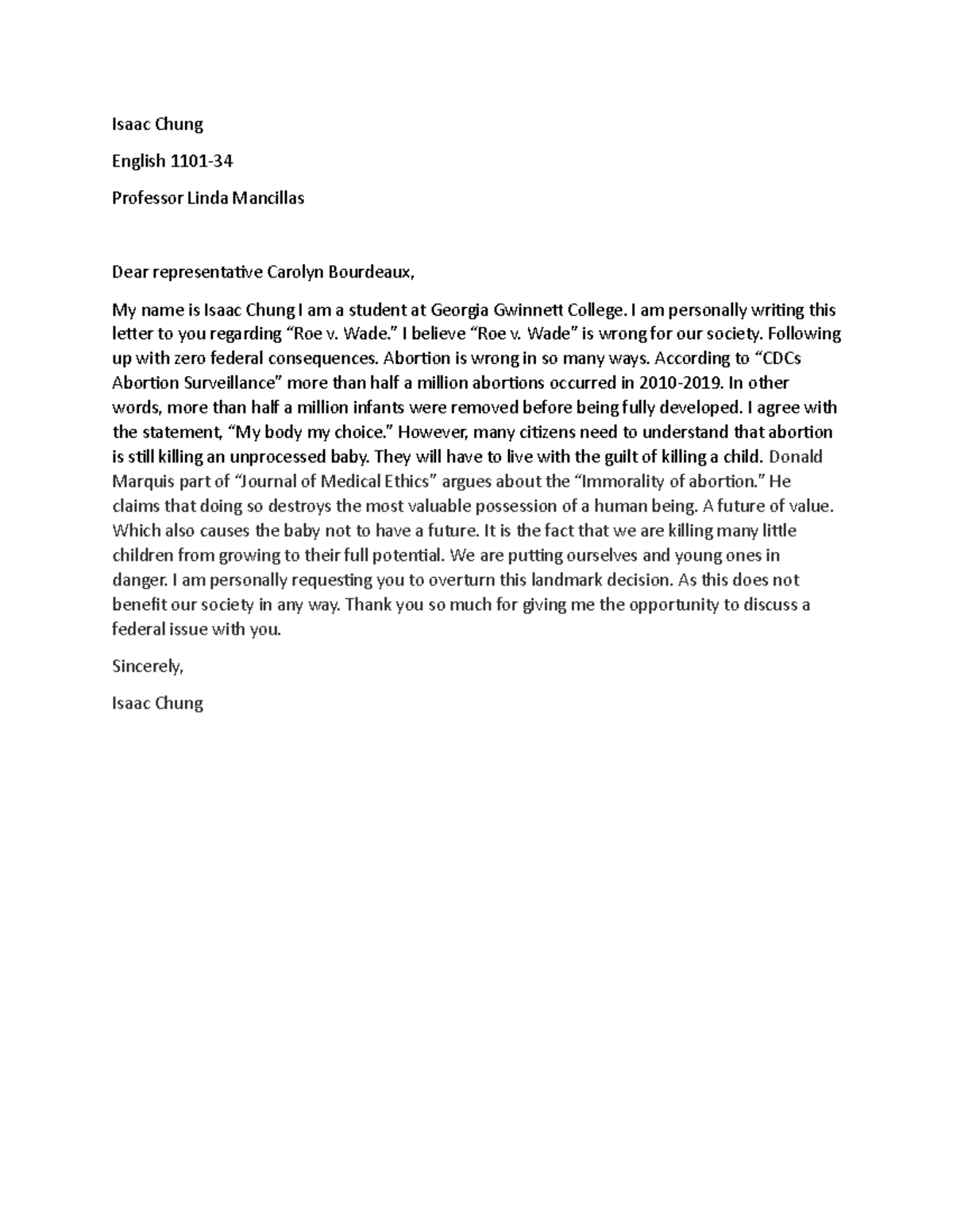Civic Engagement Letter - Isaac Chung English 1101- Professor Linda ...