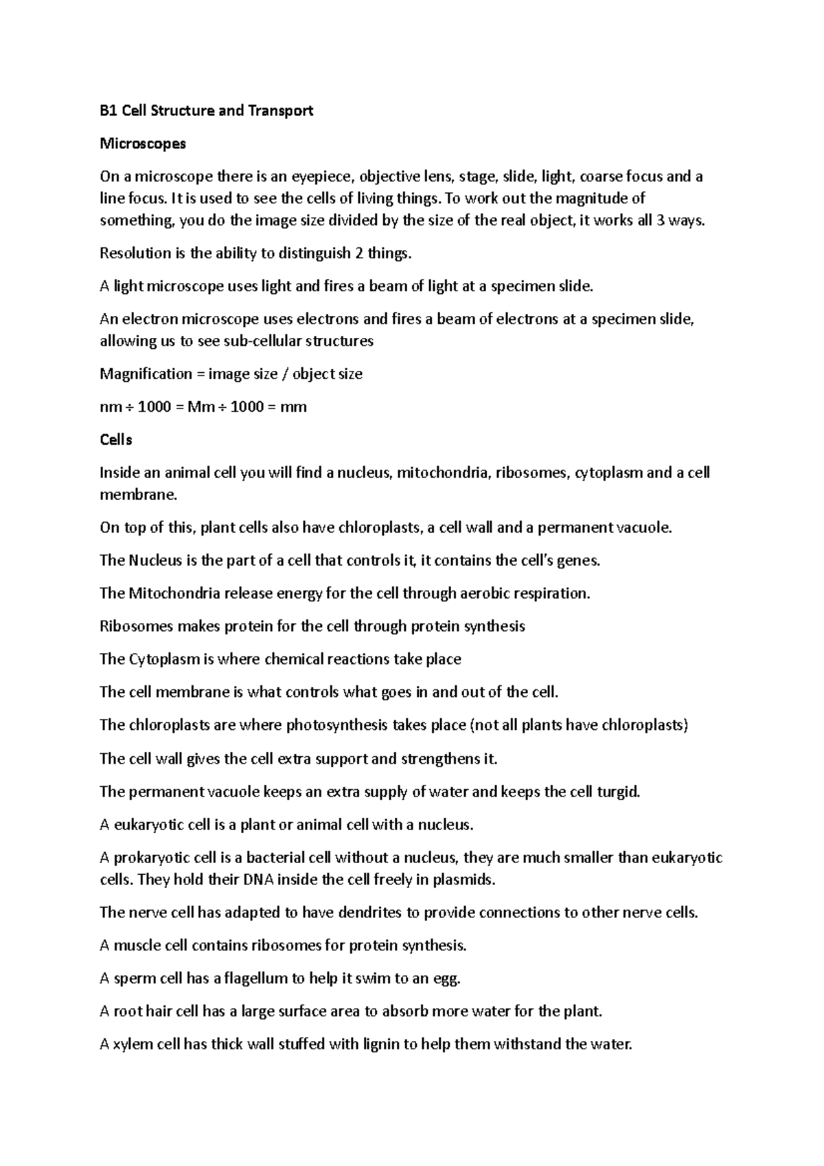 B1 Cell Structure and Transport - B1 Cell Structure and Transport ...