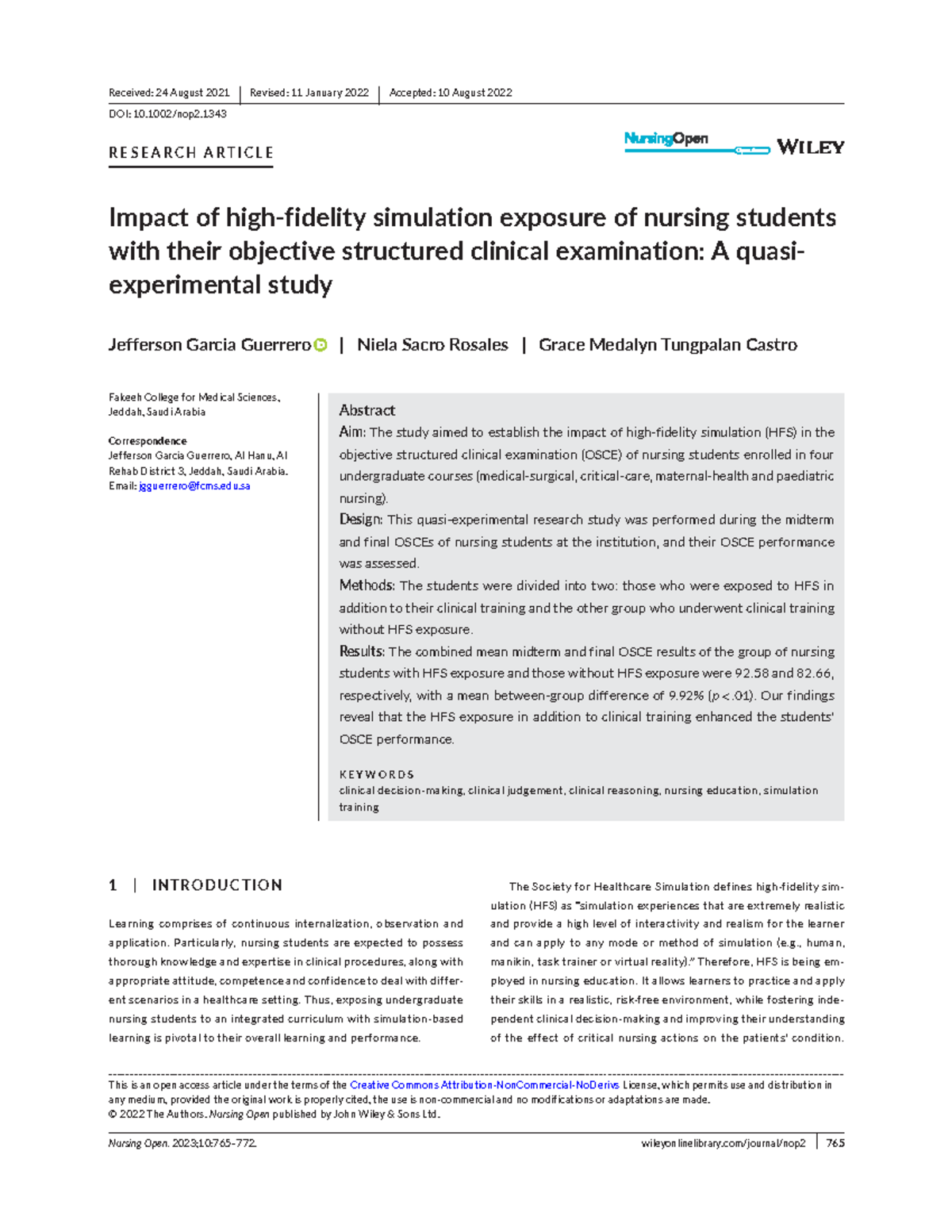 Article - Nursing Open. 2023;10:765–772. wileyonlinelibrary/journal ...