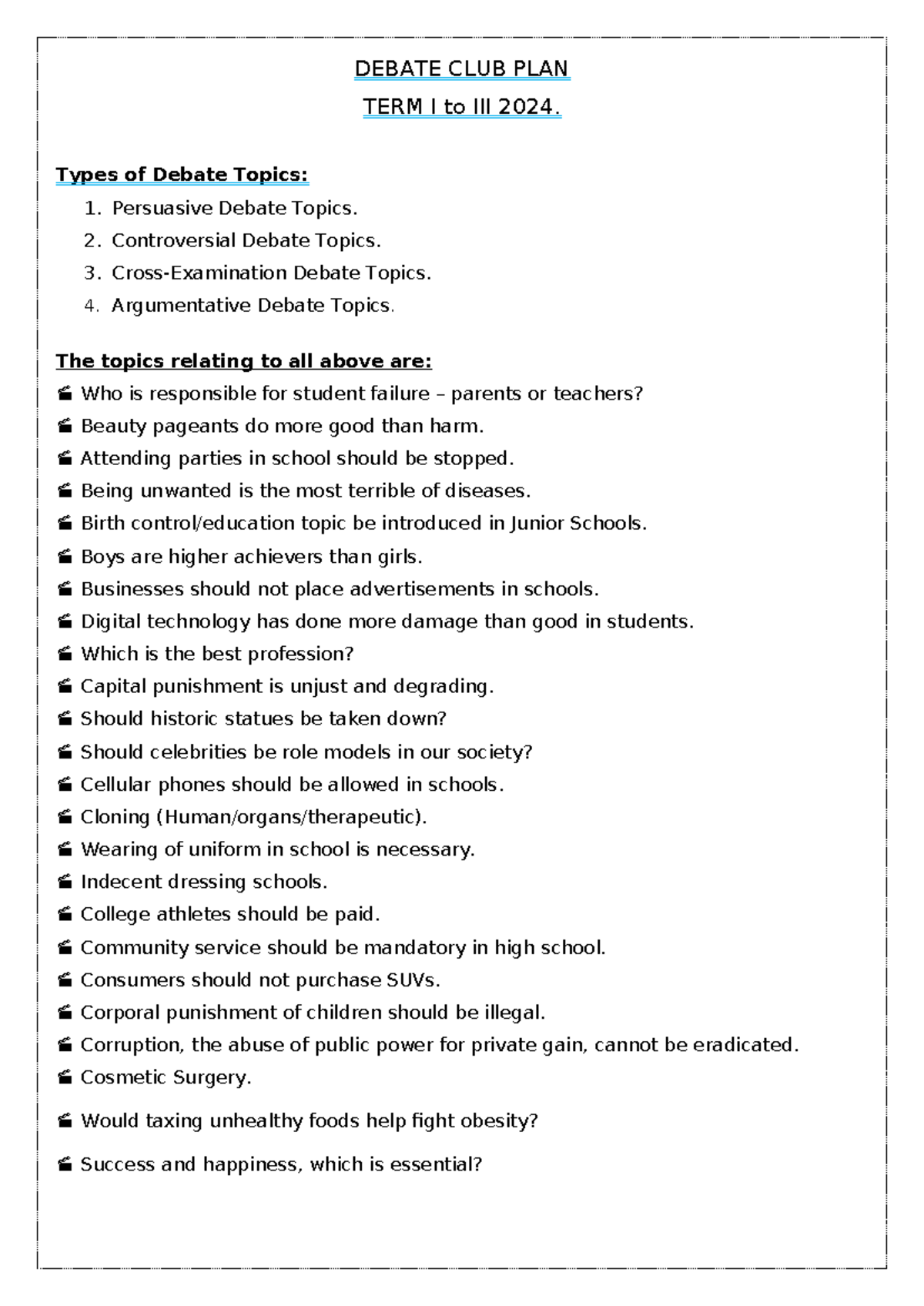 Debate CLUB PLAN - used Ms. Word. - DEBATE CLUB PLAN TERM I to III 2024 ...